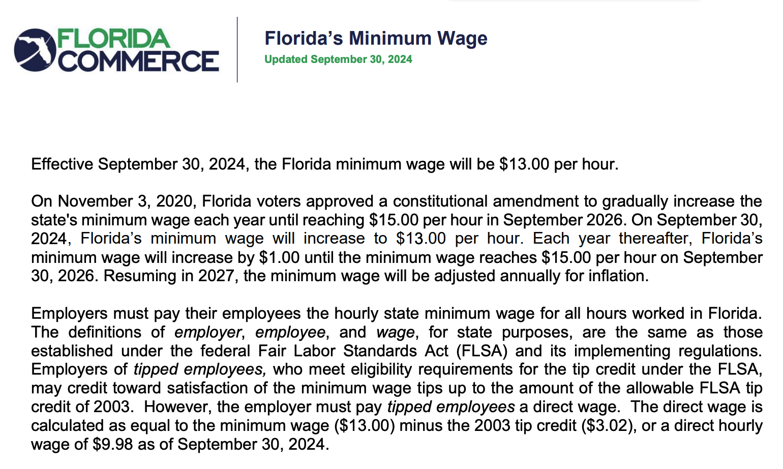 The Florida minimum wage is now $13 - The HR Lady LLC.